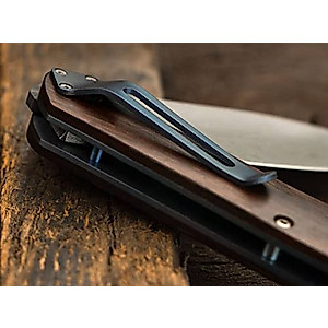 BOKER PLUS Exskelibur II Folding Gentlemen’s Pocket Knife, Damascus Steel Blade, Cocobolo Scales, Blue Anodized Titanium Liners, Titanium Pocket Clip