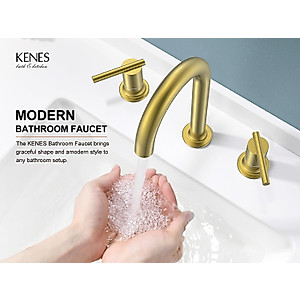 KENES Brushed Gold Two Handle 8 Inch Widespread Bathroom Sink Faucet, Gold High Arc Lavatory Vanity Sink Faucet 3 Hole with Pop Up Drain & Water Supply Hoses LJ-9018-4