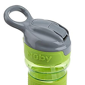 Nuby Thirsty Kids Push Button Flip-it Soft Spout on The Go Water Bottle with Easy Grip Band, Green Cactus, 12 Ounce