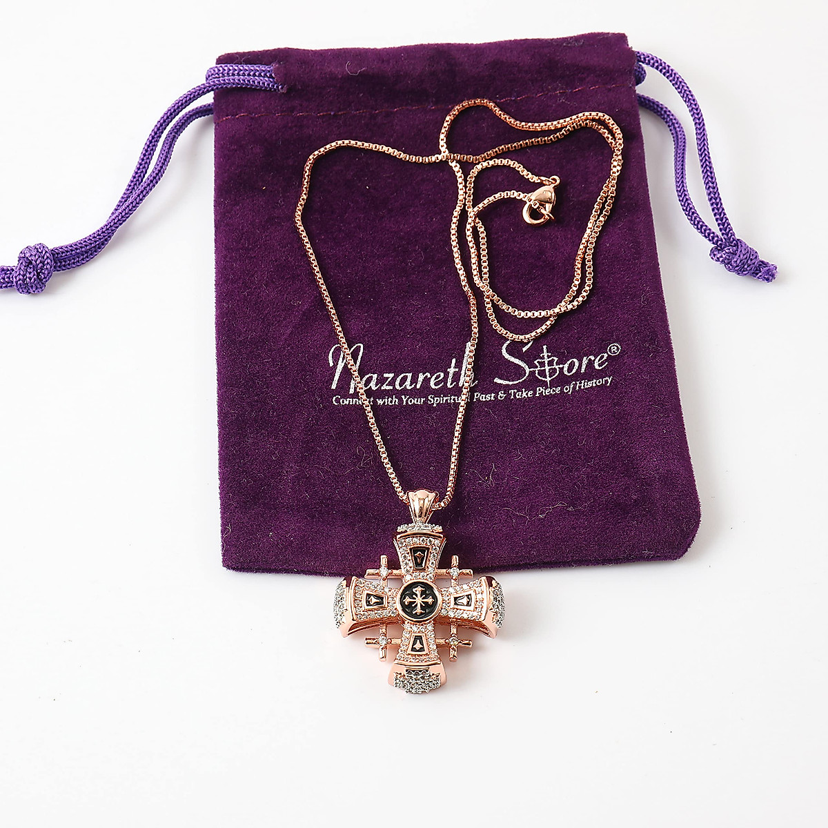 Nazareth Store Crusaders Jerusalem Cross Pendant Necklace Gold Plating 18k Enamel Crystallized Stones 1.3" (Black)