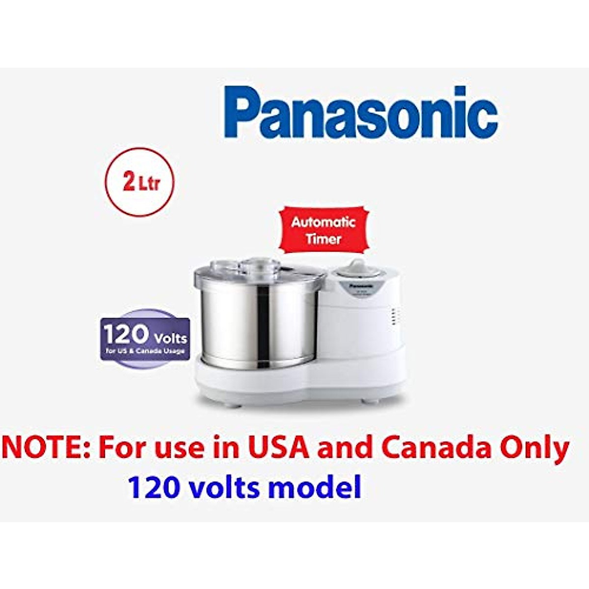 Panasonic 2 Litre Wet Grinder with Automatic Timer & Stainless steel drum| MK TSW200 W, White Color | 110-120 Volts | Suitable for USA and Canada | Dosa & Idli wet Grinder