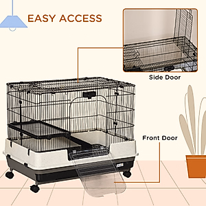 PawHut 26" Small Animal Cage with Wheels, 2-Level Portable Bunny Cage, Chinchilla Ferret Cage with Removable Tray, Platform and Ramp