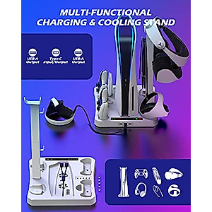 PS-5 & PS VR2 Charging Station with 2 Cooling Fan, YOGES 3-in-1 PS-5 Stand for Play-station5 and Play Station VR2 Controllers Charging, PS-5 Console Cooling Station PS-5 PS VR2 Accessories Storage