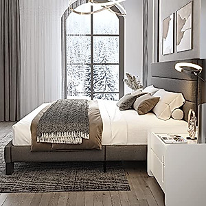 WEEWAY King Bed Frame Platform Bed with Linen Fabric Upholstered Headboard and Wooden Slats Support, Heavy Duty Mattress Foundation, No Box Spring Needed, Easy Assembly, Dark Grey