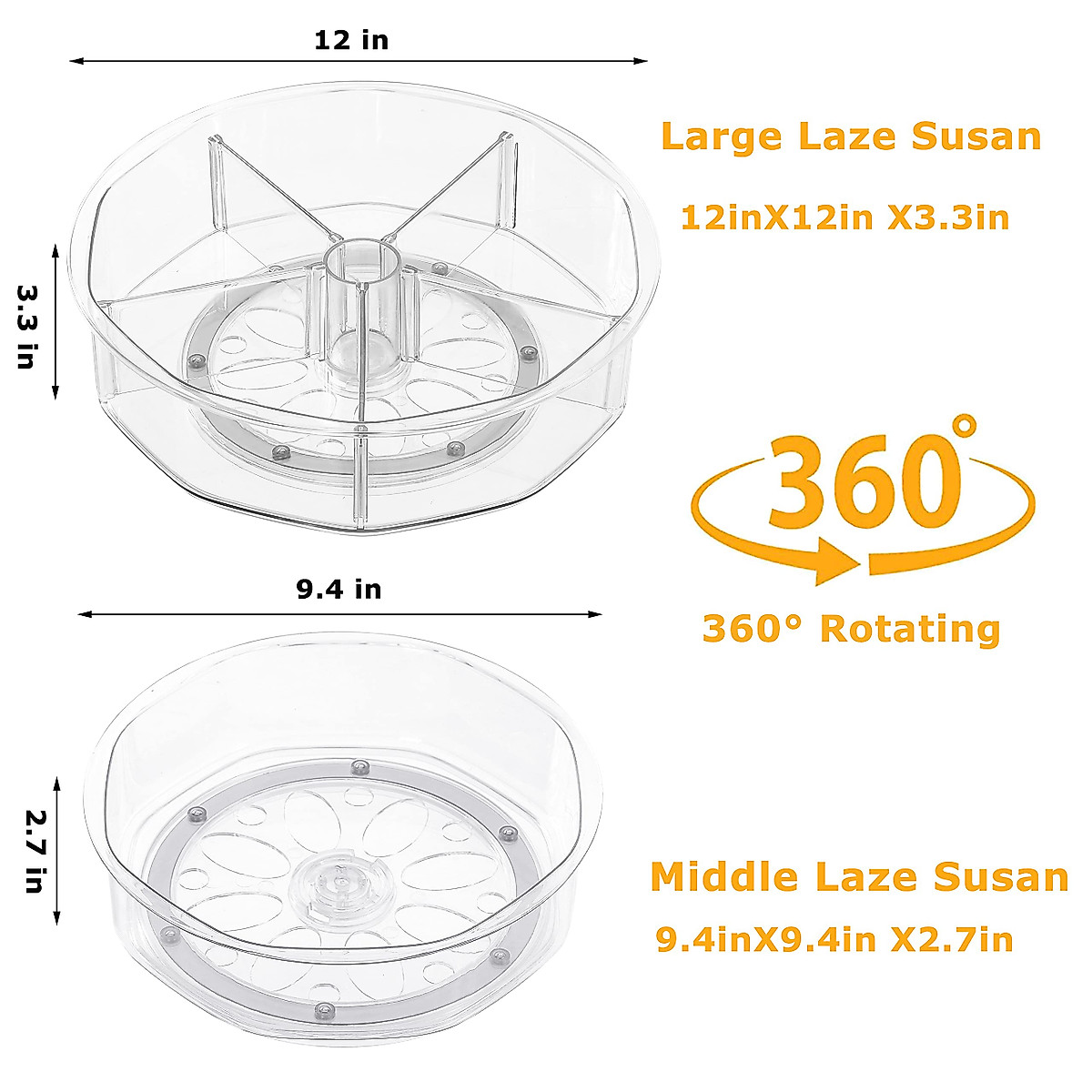 2 Pack Round Plastic Rotating Turntable Organizers -Clear Lazy Susan Organizer Container Bins for Cabinet, Pantry, Fridge, Countertop, Kitchen, Vanity - Spinning Organizer for Spices, Condiments