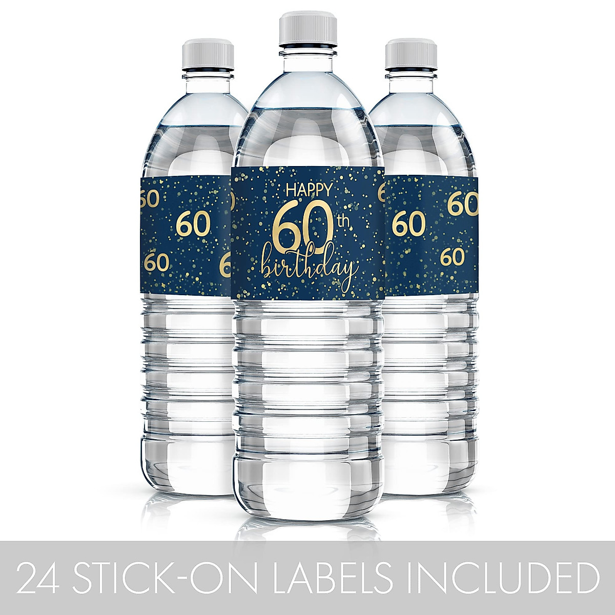 Navy Blue and Gold 60th Birthday Party Water Bottle Labels - 24 Count, 60th Birthday Decorations