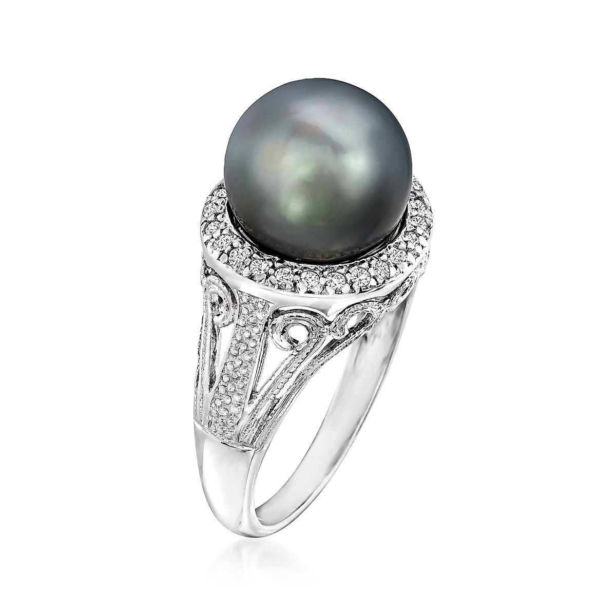 Ross-Simons 11-12mm Black Cultured Tahitian Pearl Ring With .20 ct. t.w. White Topaz in Sterling Silver. Size 8