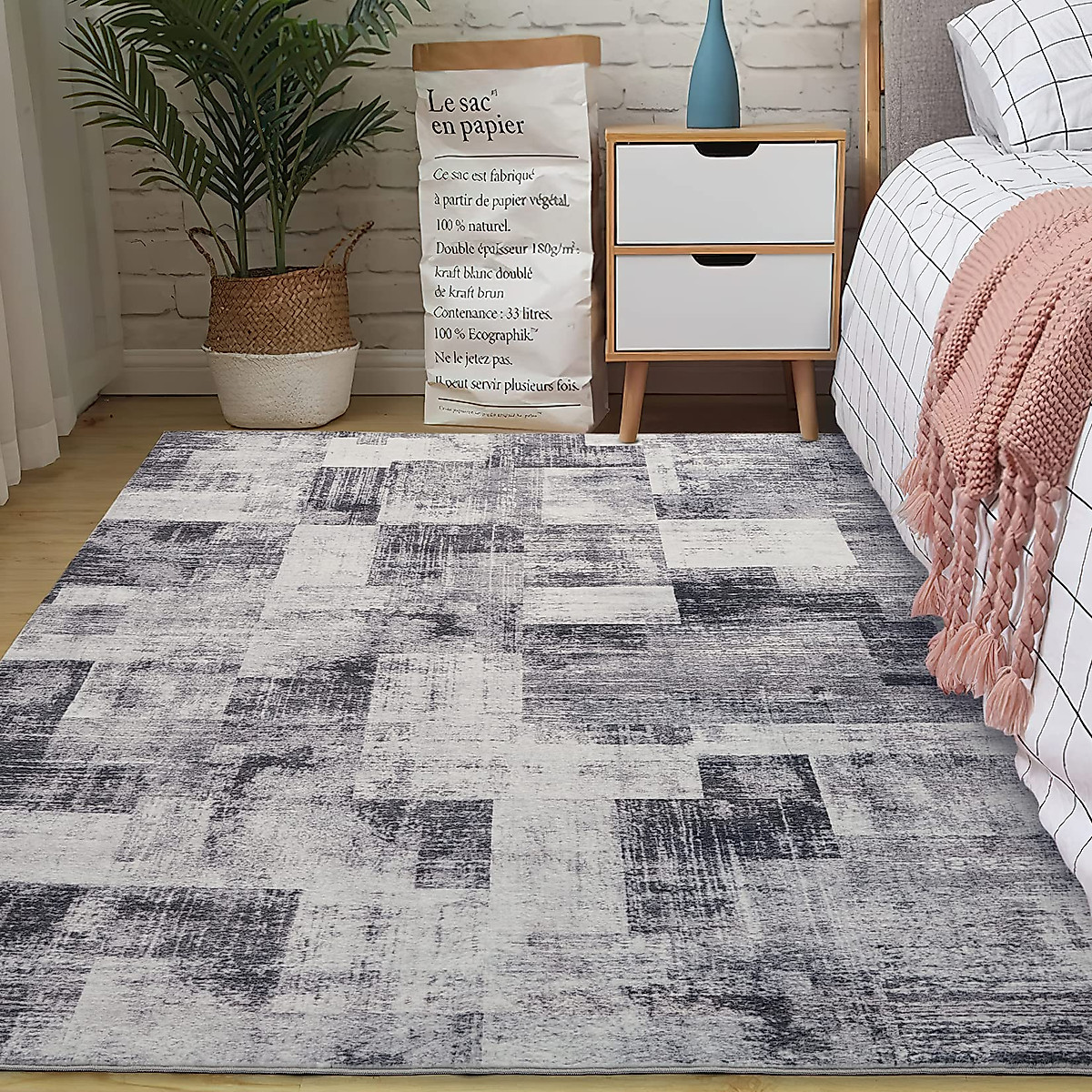 Area Rug Living Room Rugs 8x10 Washable: Indoor Soft Low Shaggy Fluffy Pile Carpet Abstract Decor Large for Bedroom Dining Room Under Kitchen Table Home Office - Gray/Ivory