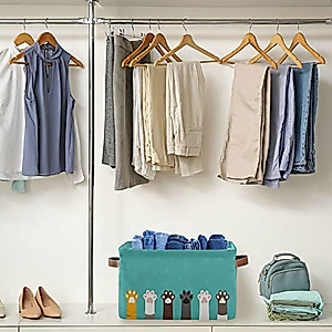 Kigai Foldable Rectangular Storage Baskets - Fabric Shelves Storage Bins with Leather Handles for Organizing Closet Clothes, Toys, Towels, Bedroom, Bathroom, Nursery, Office (Cute Cat Paws,1 PCS)