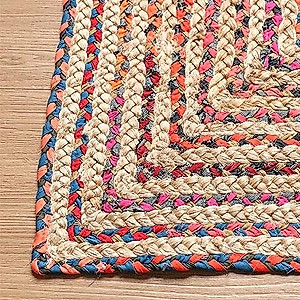 THRILRUG 4'x6'Boho Natural Braided Jute & Cotton Area Rug,Classic Braided Rug,Handmade Farmhouse, Multicolor Jute Rug Braided Reversible Cotton for Living Room,Indoor Outdoor Spaces
