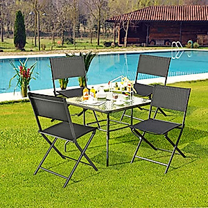 Tangkula Patio Folding Chairs Set of 4, Outdoor Portable Camping Chairs with Breathable Fabric Backrest & Seat, Heavy Duty Steel Dining Chairs Sling Chairs for Poolside, Yard, Garden, Deck, Lawn