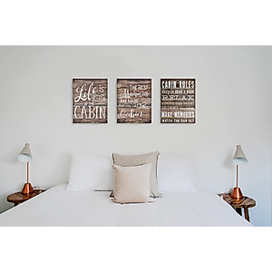 Cabin Rules Life Is Better At The Cabin Canvas Wall Art Prints Artwork Signs Framed for Cabin Front Porch Wall Decor Home Decor,11 X 14 inch Set Of 3,Housewarming Gift,Lake Cabin Canvas Wall Decor