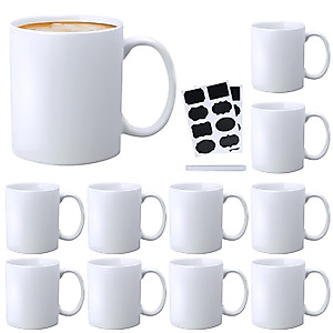 COMUDOT Ceramic Coffee Mug,White Tea Mug,Classic Drinking Cups with Handle,11 OZ Cups Set of 12, for Hot or Cold Drinks like Cocoa, Milk, Tea or Water(Labels & Chalk Marker)