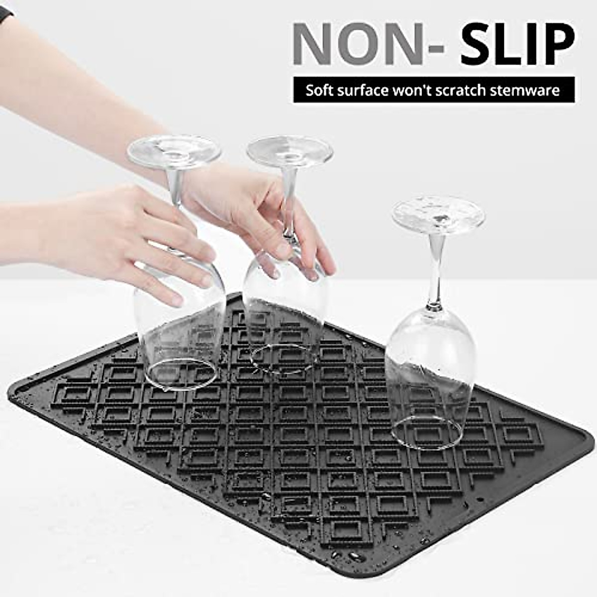 Tuffen Silicone Dish Drying Mat for Kitchen Counter, Heat Resistant Mat, Dish Drying Pad, Easy to Drain and Clean (Black, 16" x 20")