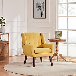 HUIMO Accent Chair, Button Tufted Upholstered Sofa Chairs, Comfy Linen Fabric Armchair for Bedroom, Reading, Mid-Century Modern Living Room Chair (Yellow)