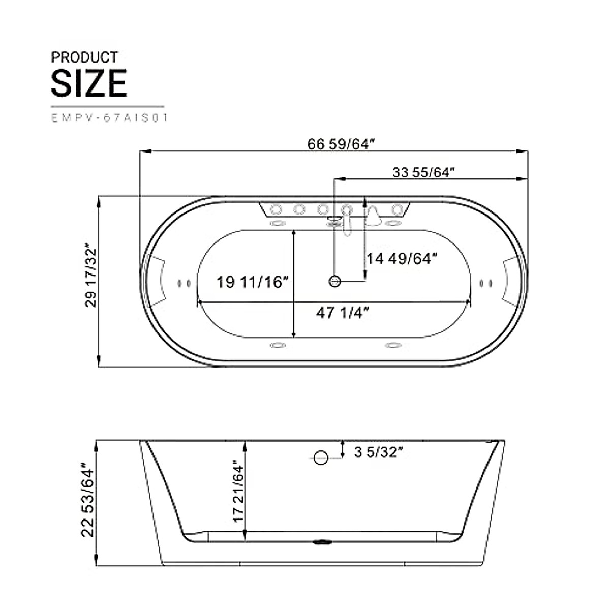 Empava 67 in. Acrylic Freestanding Tub Hydromassage Gracefully Oval Shaped Whirlpool 8 Water Jets Soaking SPA, Double-Ended Massage Bathtub with 2 Pillows , White