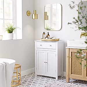 VASAGLE Bathroom Storage Cabinet Free Standing, with Drawer and Adjustable Shelf, Kitchen Cupboard, Wooden Entryway Storage Cabinet, 23.6 x 11.8 x 31.5 Inches, White UBBC61WT