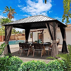 Kozyard Rosana Hardtop Aluminum Permanent Gazebo with 2-Layer Sidewalls (10ftx12ft Brown)