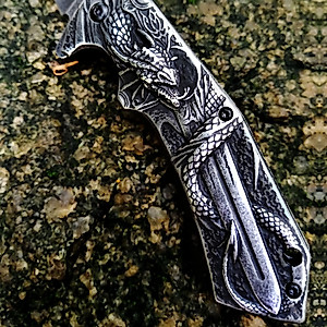 Pocket Knife for Men, Folding Knife With Clip & 3D DRAGON Relief, Embossed Edc Knife For Men Outdoor Survival Camping Hiking hunting