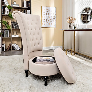 Container Furniture Direct Royal High-Back Velvet Accent Chair for Vanity with Storage and Luxurious Upholstery, Retro Design and Versatile Usage for Living Room, Bedroom, Lounge and Office, Ivory