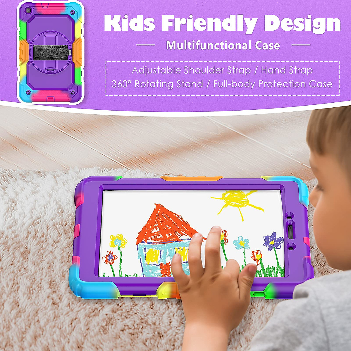 ausleben 2019 Case for Samsung Galaxy Tab A 8.0 inch case 2019,SM-T290/SM-T295.Full Body Protection Case with Built-in Screen Protector Pen Holder [360 Rotating Hand Strap] for T290 (Colourful)