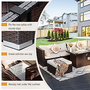 BULEXYARD High Back Brown PE Rattan Outdoor Patio Furniture Set with Propane Fire Pit Table, Large Wicker Outside Sectional Furniture Sofa Conversation Sets for Backyard(Beige, 9Pcs)