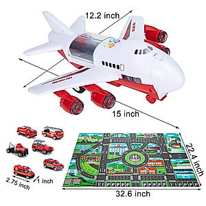 Car Toys Set with Transport Cargo Airplane, Educational Vehicles Fire Fighting Car Set for Kids Toddlers Child Gift for 3 4 5 6 Years Old, Large Play Mat, 6 Trucks Large Plane 11 Road Signs