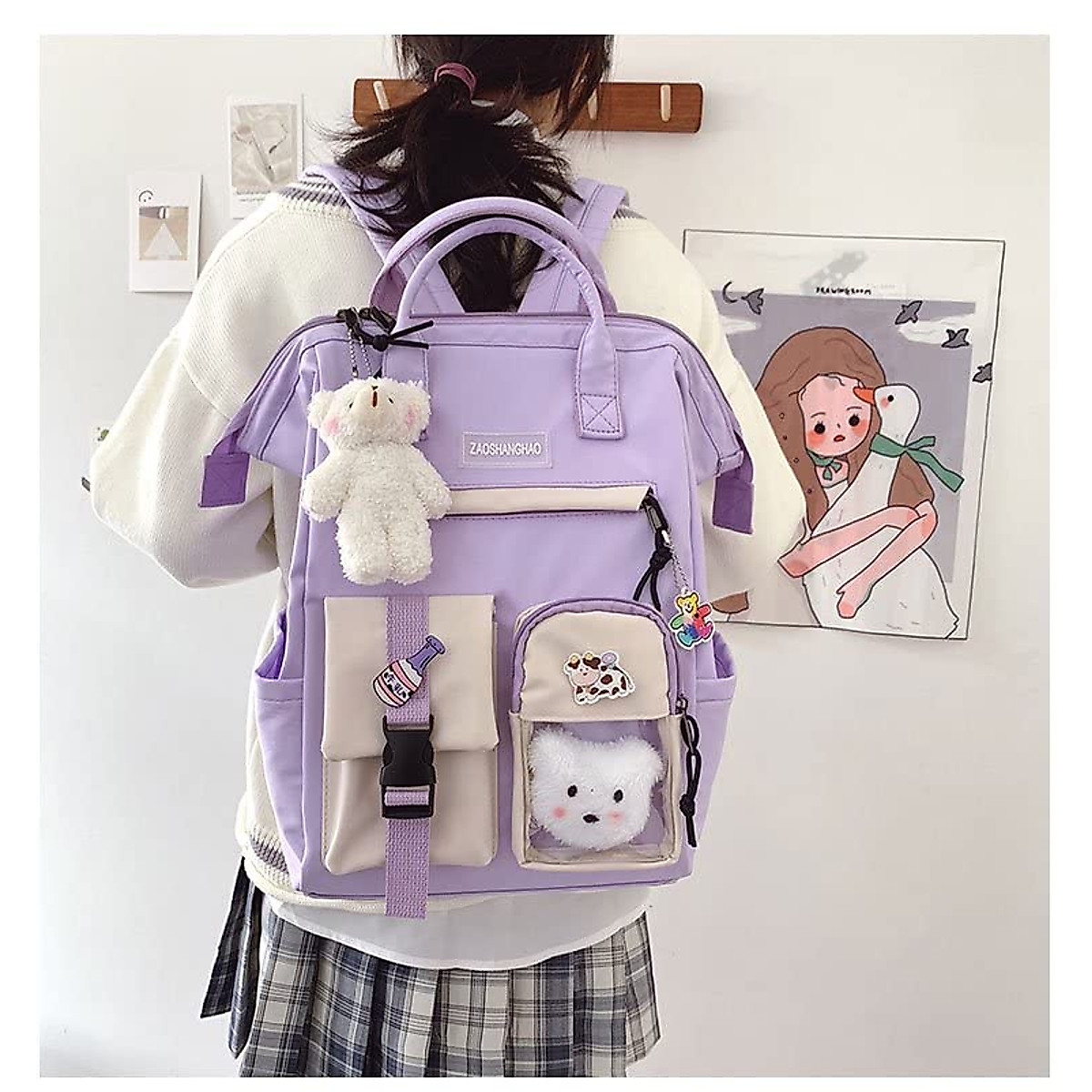 HIDRUO Kawaii Aesthetic Backpack with Cute Accessories Large Capacity Multi-pocket Girl School Bag Rucksack (Purple)