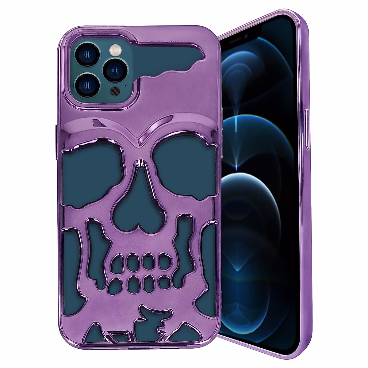 EPPARYOU Cool Skull Anime iphone 12 pro max case Deisgn Horror Hollowed Skeleton Star Space Wars plated phone cover Unique Protection Shockproof TPU Clear Case for Girls Women Cute metal dark purple