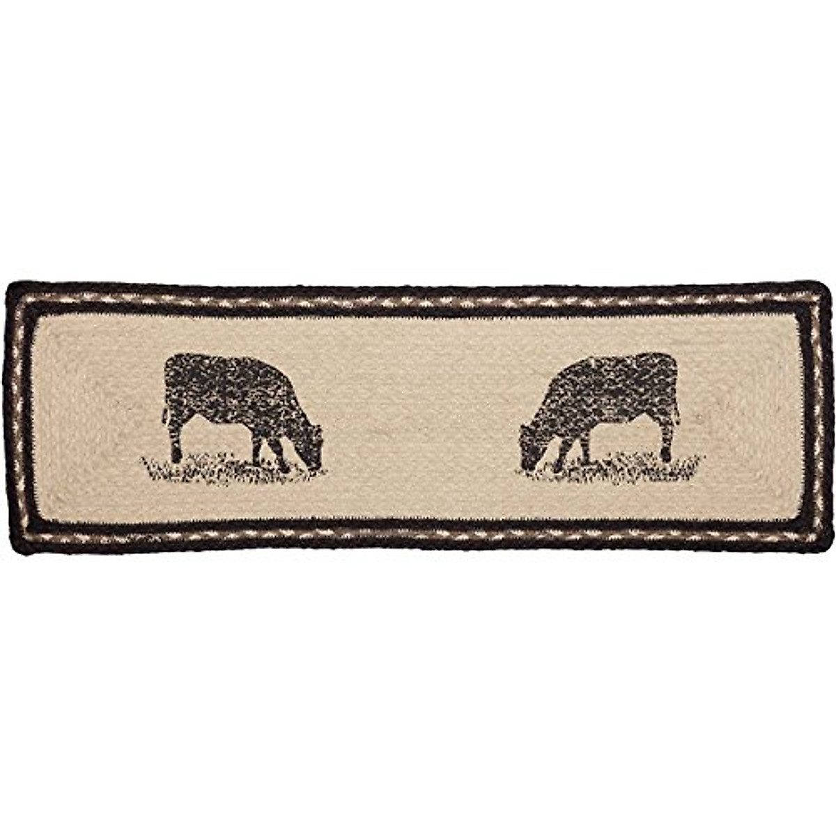 VHC Brands Farmhouse Flooring Miller Farm Charcoal Cow Jute Latex Backing Stenciled Nature Print Rectangle Stair Tread, Bleached White