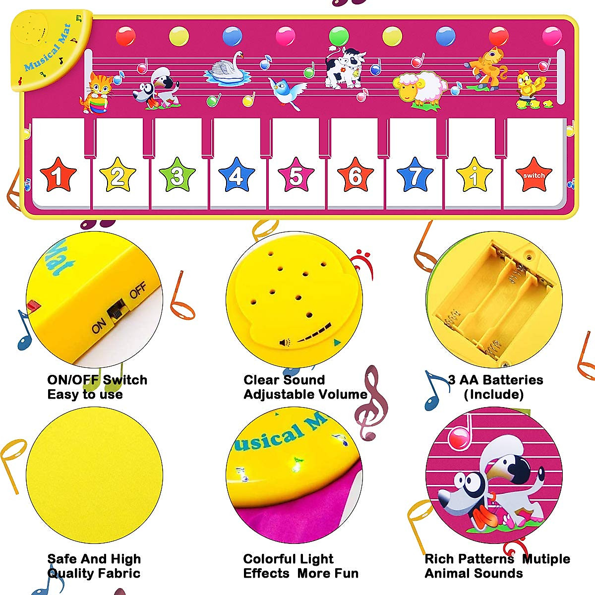 RenFox Musical Piano Mat, Toddlers Music Floor Keyboard Blanket Dance Mat with 8 Different Animal Sounds, Early Learning Educational Toys Gift for 1 2 3 4 Years Old Baby Boy Girl (Batteries Included)