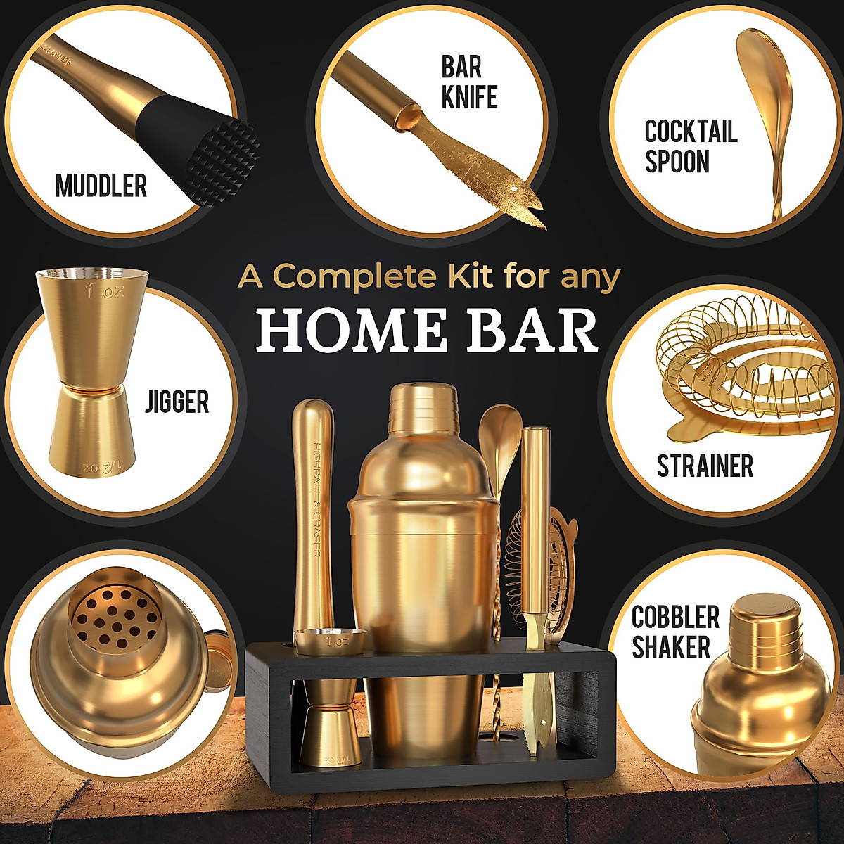 Highball & Chaser Cocktail Shaker Set: Bartender Kit for Home Bar Mixology Cocktail Bar Set Plus E-Book with 30 Recipes (Antique Gold)