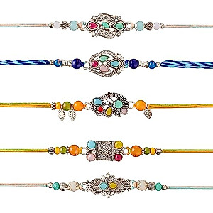Eximious India Set of 5 Rakhi For Brother With Card Metal Pendant For Raksha Bandhan Designer Rakhi Thread for Bhaiya (Set of 5-1)