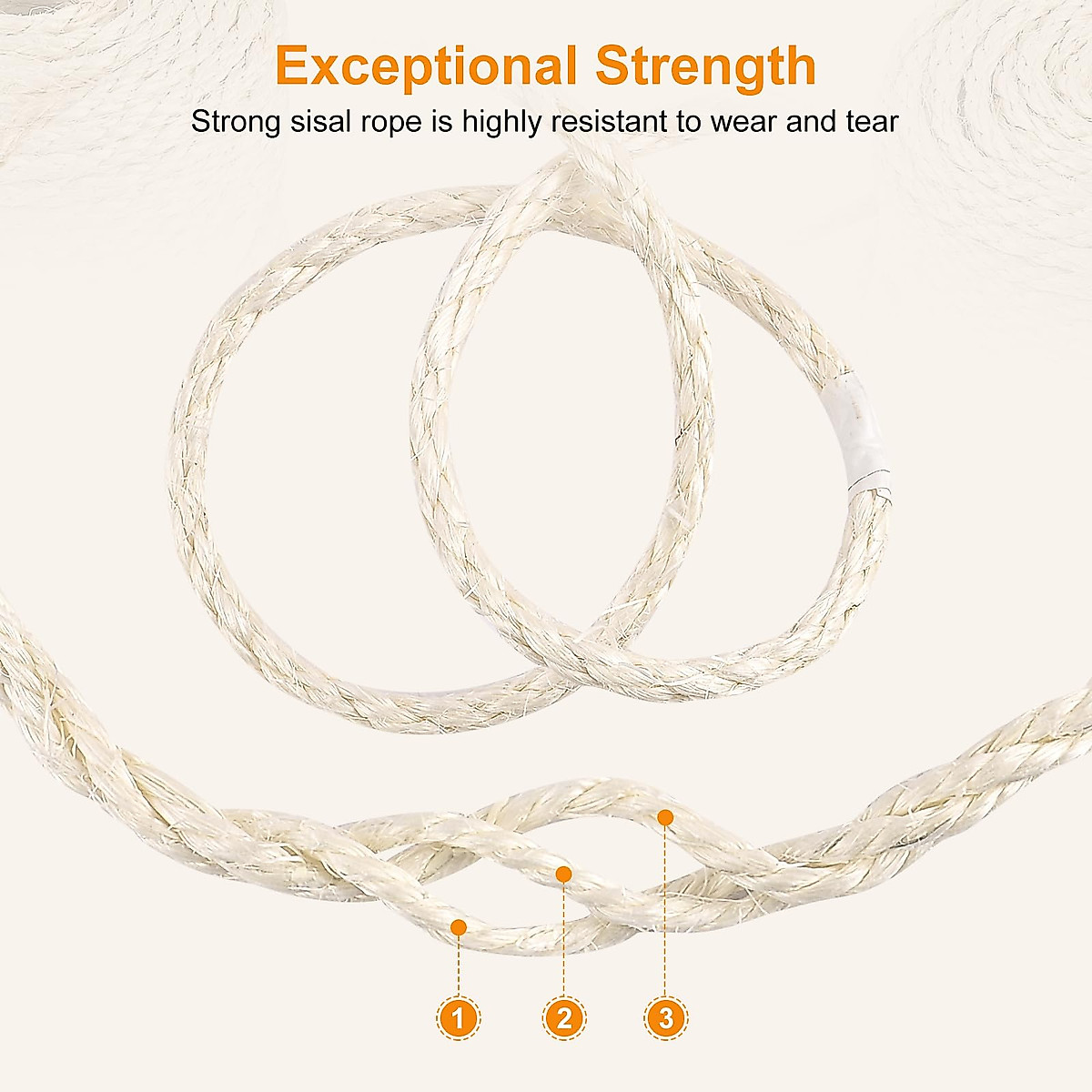 SIsal Rope for Cat Scratcher 1/4" 164 Foot White Natural Sisal Rope for Repairing Cat Scratching Post