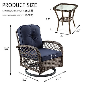 SHA CERLIN 3 Pieces Patio Furniture Set, Outdoor Swivel Glider Rocker, Wicker Patio Bistro Set with Rocking Chair, Cushions and Table (Blue)