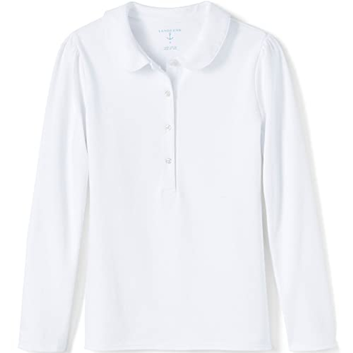 Lands' End Uniform Girls Long Sleeve Plain Knit Peter Pan Polo White Kids Medium