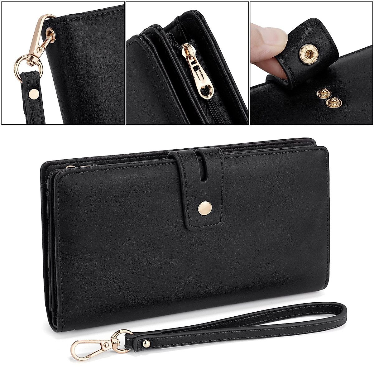 UTO RFID Wristlet Wallet for Women Detachable Checkbook Holder Card Bill Phone Organizer Large Clutch Purse