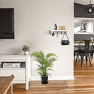 HRONRAD Rustic Key Holder for Wall, Farmhouse Wall Shelf with 4 Hooks, Wall Mounted Key Racks, Wooden Mail Organizer with Hooks for Entryway (White)