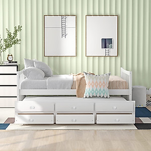 Harper & Bright Designs Full Size Daybed with Twin Size Trundle and 3 Storage Drawers, Wood Full Captain’s Bed with Trundle Bed, Full Platform Bed Great for Kids Guests Sleepovers (White)