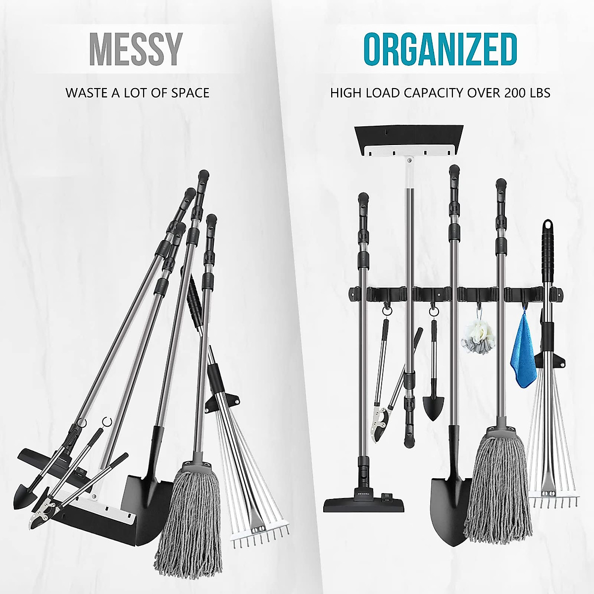 COOKCUTE Broom Holder Wall Mount, 5 Slots 4 Hooks Black Stainless Steel Broom Organizer Wall Mount Mop and Broom Holder Wall Mounted Heavy Duty, Broom Hanger Self Adhesive, Mop Holder Garage Shelving