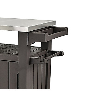 Keter Unity XL Portable Outdoor Table and Storage Cabinet w/ Accessory Hooks, Stainless Steel Top for Patio Kitchen Island or Bar Cart, Espresso Brown