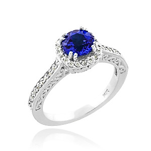 14k White Gold Diamond Halo September Birthstone Band Blue Sapphire Engagement Ring (1.24 cttw, SI1-SI2 Clarity, G-H Color)