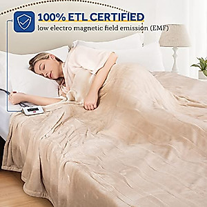 SEALY Electric Blanket Twin Size, Flannel Heated Blanket with 10 Heating Levels & 1-12 Hours Auto Shut Off, Fast Heating Warm Blanket, Machine Washable, Beige, 62 x 84 Inch