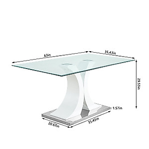 63" Glass Dining Table for 4 to 6 Modern Kitchen Table Tempered Glass Dining Room Table with Rectangular Glass Tabletop and X-Shape Pedestal Base Dining Table for Dining Room Kitchen (White)