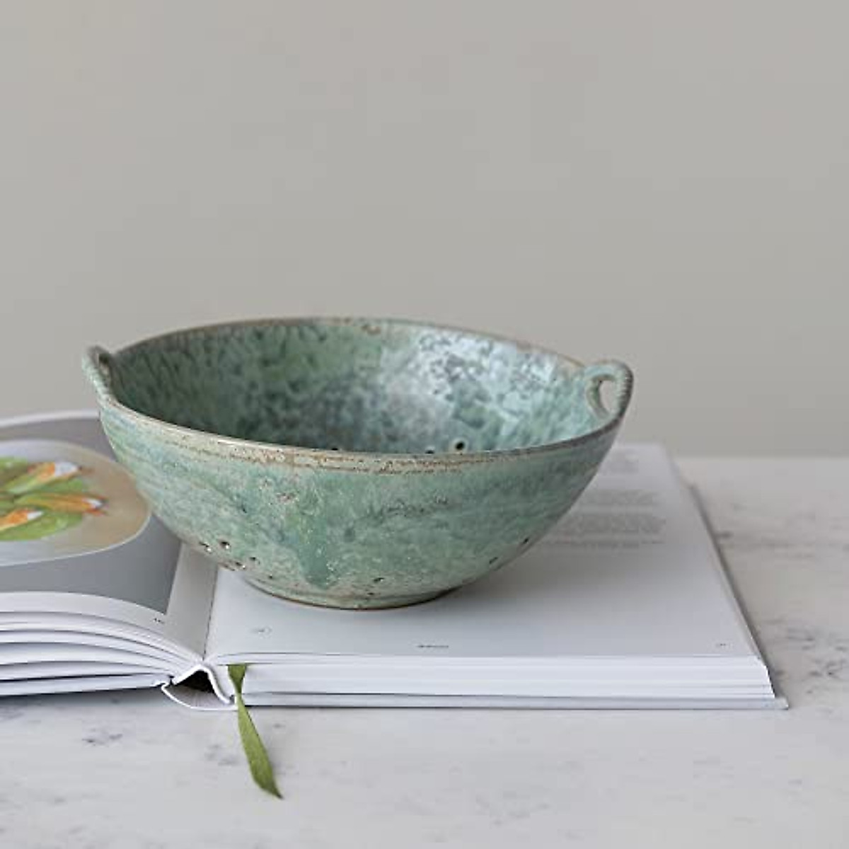 Creative Co-Op Stoneware Berry Bowl with Handles, Aqua Reactive Glaze Serveware, 8"L x 8"W x 3"H, Multicolor