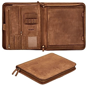 Genuine Leather Premium Portfolio Zipper Leather Portfolio Organizer Folio Leather Padfolio Portfolio Binder Portfolio Folder Leather Portfolio for Men Women Business Notebook Cover - Saddle