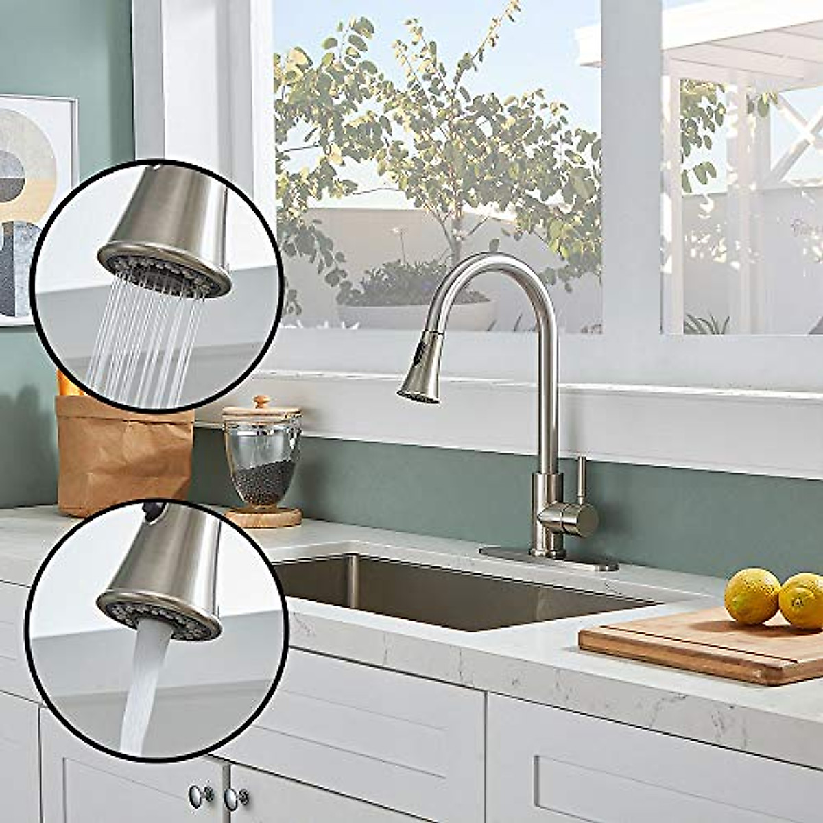 KINGO HOME Modern Commercial High Arc Stainless Steel Single Lever Handle Pull Down Sprayer Brushed Nickel Kitchen Faucet, Kitchen Sink Faucet with Deck Plate