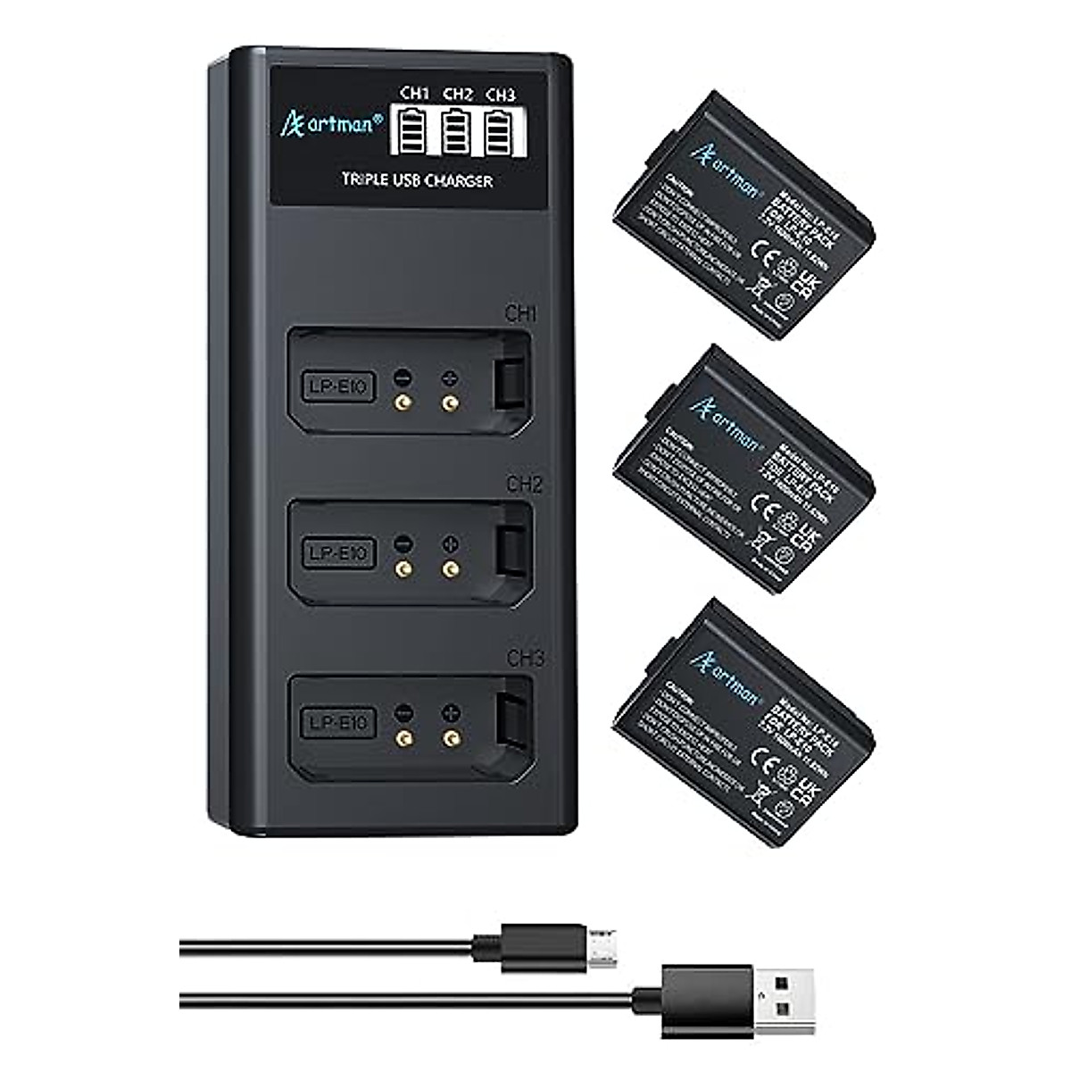 Artman 3-Pack LP-E10 Batteries 1600mAh and 3-Slot LCD Charger Pack for Canon EOS Rebel T7 T6 T5 T3 T100 Kiss X50 Kiss X70 EOS 1100D 1200D 1300D 2000D Digital Cameras