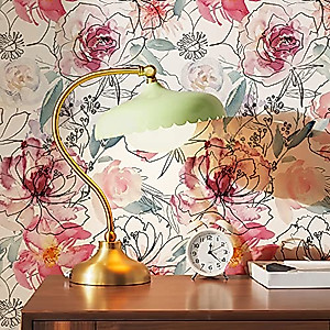 JiffDiff Floral Wallpaper Peel and Stick Wallpaper Pink Peony Wallpaper Nursery Wallpaper Wall Mural Stick on Wallpaper (White 17.3"x 118")