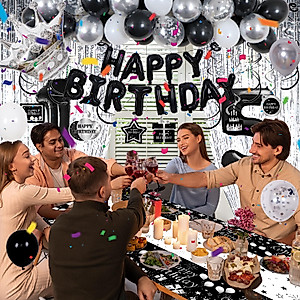 Black and Silver 15th Birthday Decorations for Boys Girls, Black and White 15th Birthday Party Decorations for Boys Girls, Black Silver Happy Birthday Banner Balloons Fringe Curtains Table Cloths